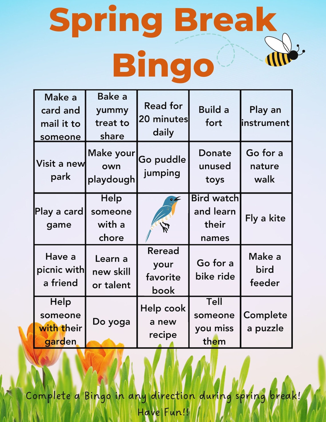 Spring Break Bingo Board for Kids - Etsy