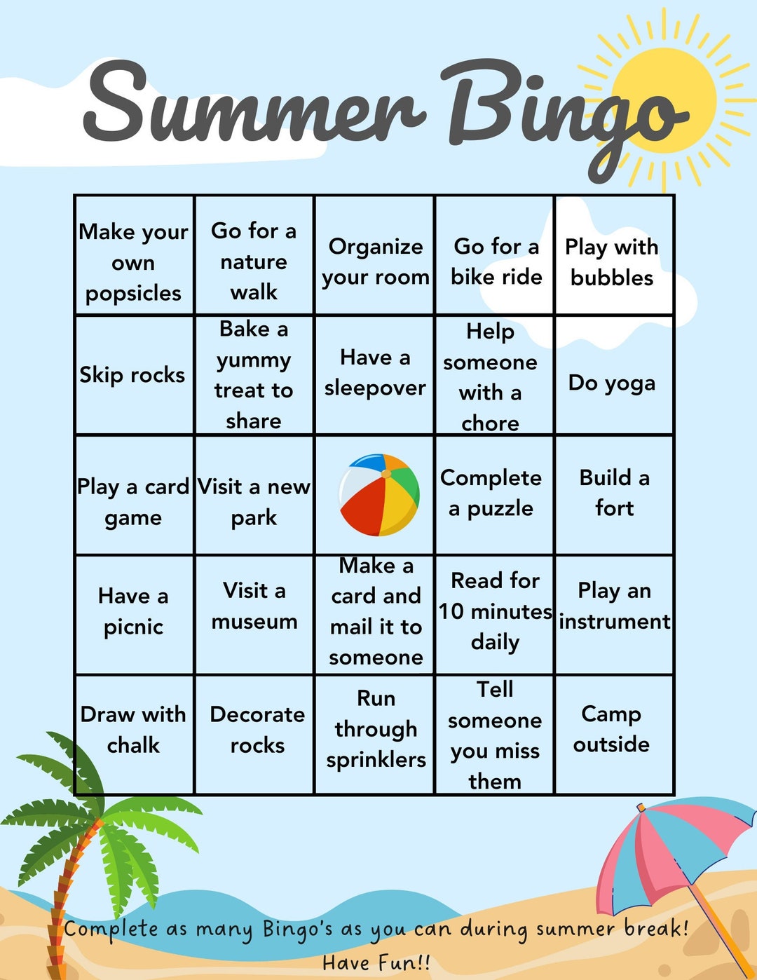 Summer Bingo Board for Kids - Etsy