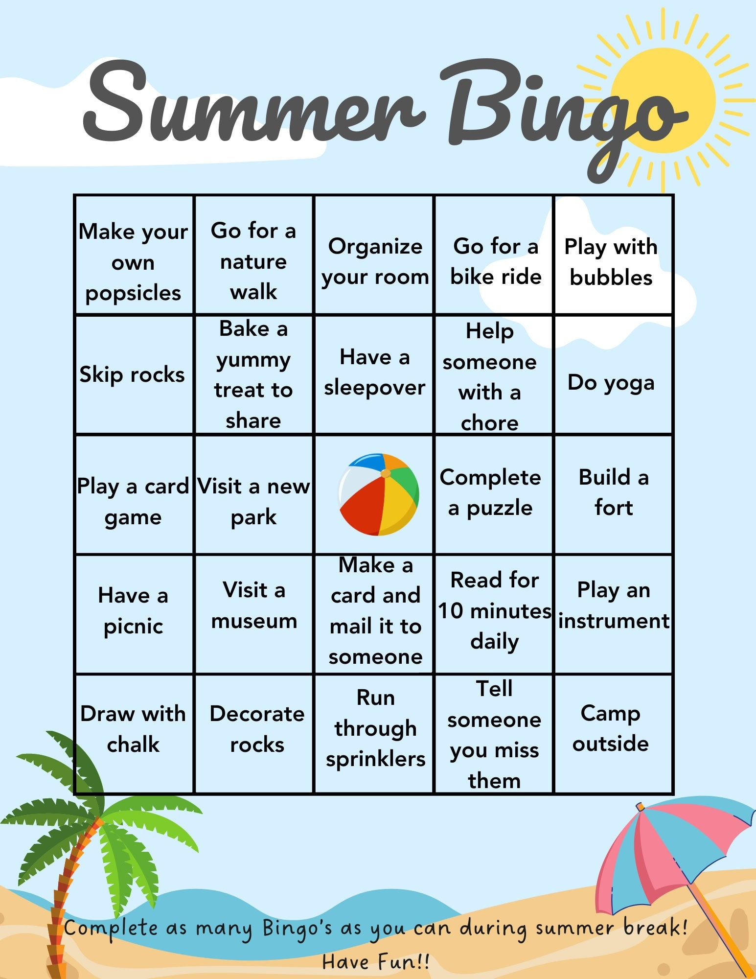 Summer Bingo Board for Kids - Etsy