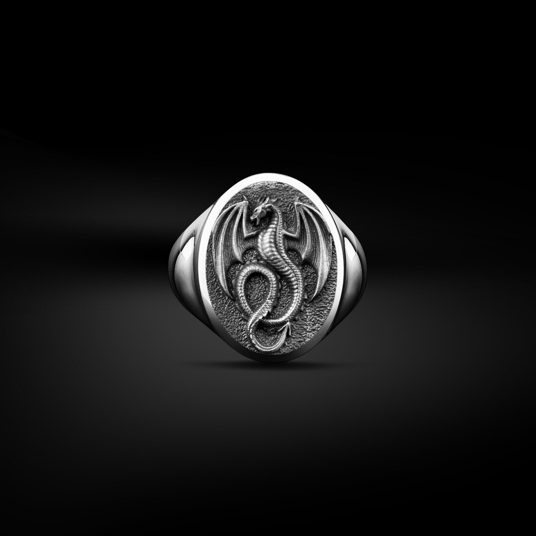 Winged Dragon Signet Men Ring in Sterling Silver, Mythical Creature ...