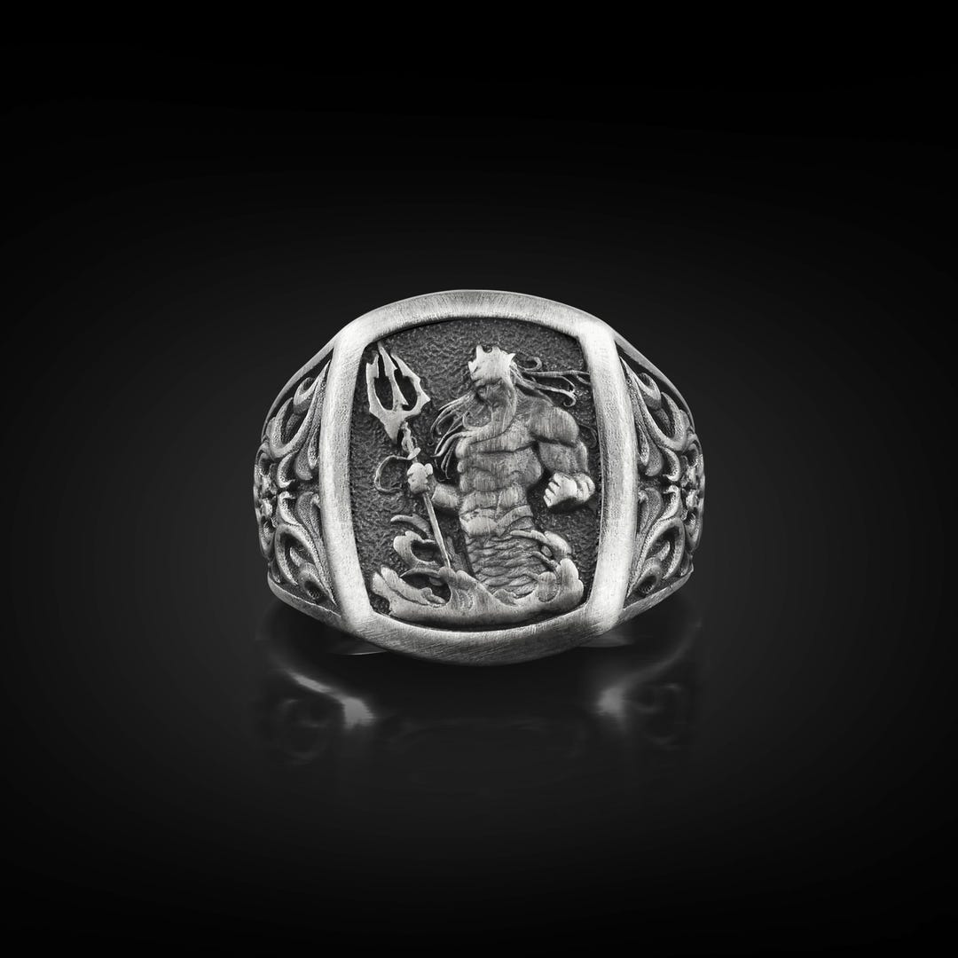 Handmade Poseidon Silver Signet Öem Ring, Poseidon With Trident ...