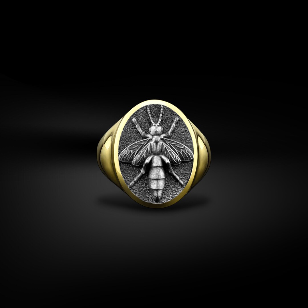 Handmade Honey Bee Oxidized Silver Signet Mens Ring, Unique Aristaeus ...