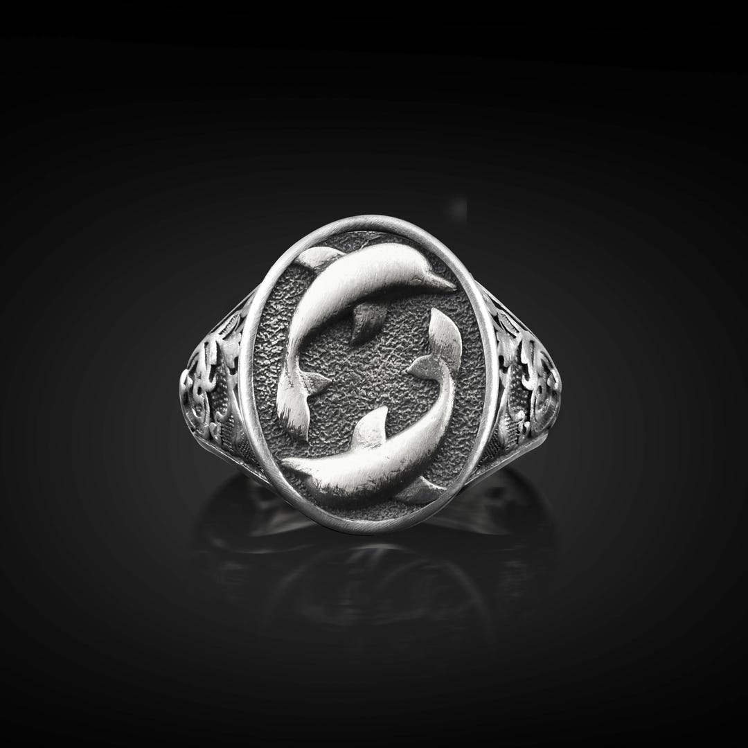 Twin Dolphin Silver Signet Ring, Nautical Couple Animal Ring in Silver ...