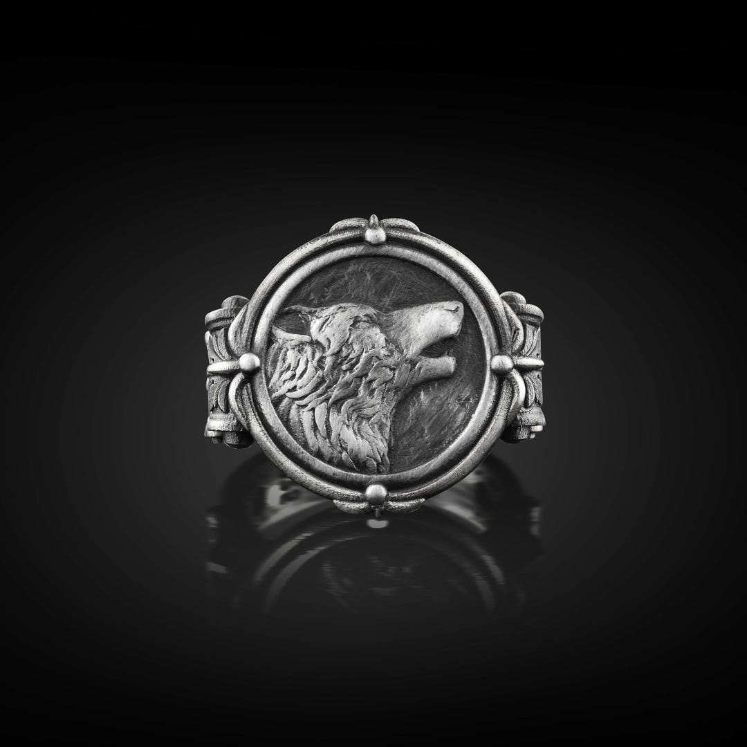 Wolf Sterling Silver Men Signet Ring, Animal Wolf Head Ring for ...