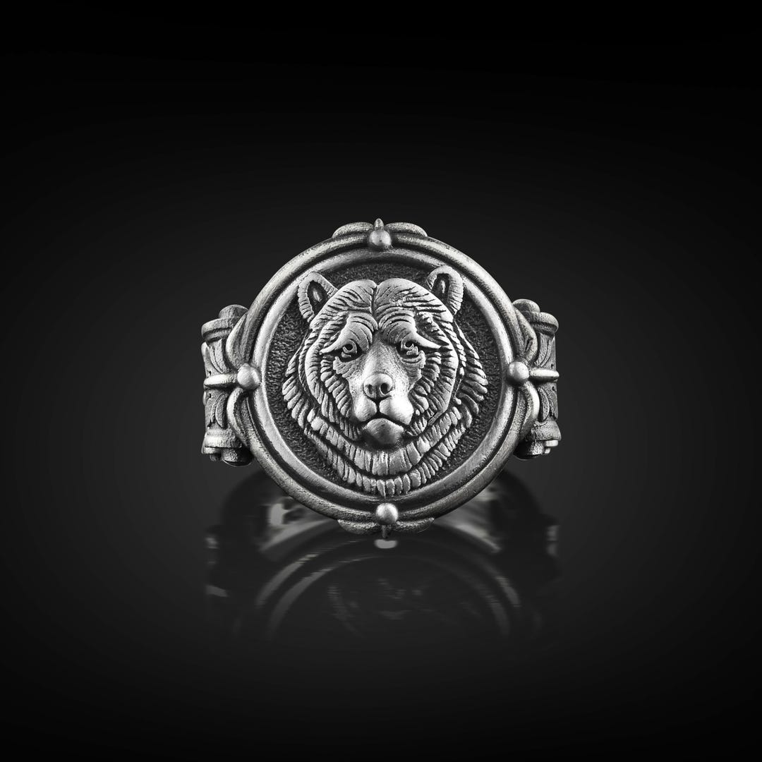 Silver Bear Head Animal Signet Ring for Men, Scandinavian Animal Bear ...