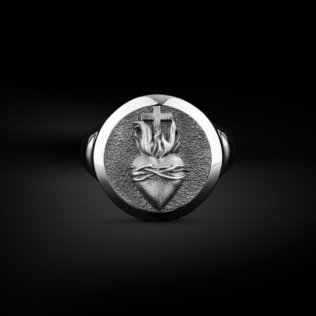 Christ Sacred Heart Signet Men Ring in 925K Silver, Religious Catholic ...