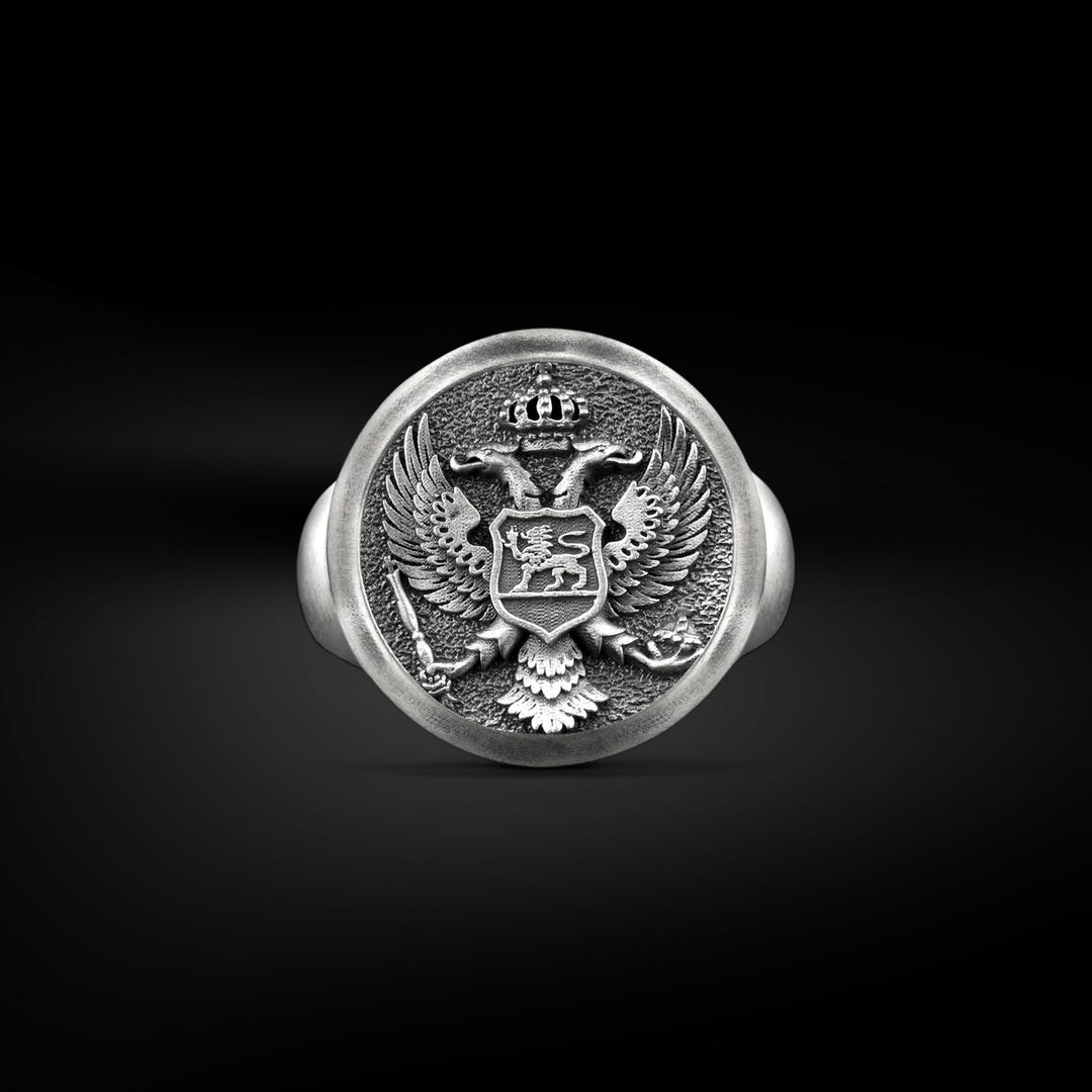 Round Double-headed Eagle 925K Sterling Silver Signet Ring, Oxidized ...