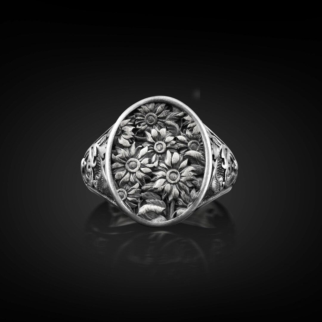 Sunflower Oval Silver Signet Men Ring, Engraved Daisy Flower Ring for ...