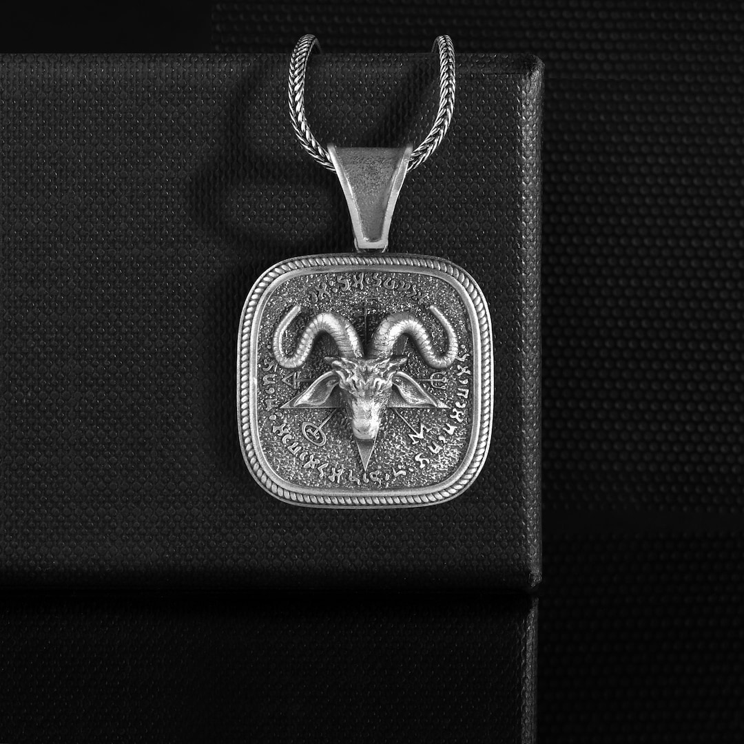 Sterling Silver Baphomet Head Men Necklace, Satanic Symbol Goat Pendant ...