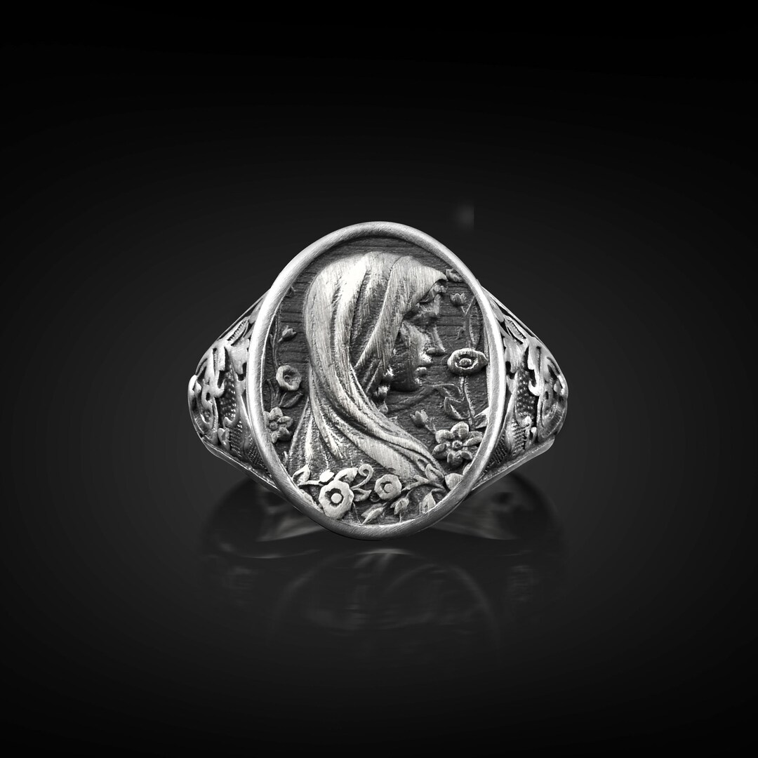 Virgin Mary With Flower Pattern Signet Men Ring, Mother Mary Floral ...