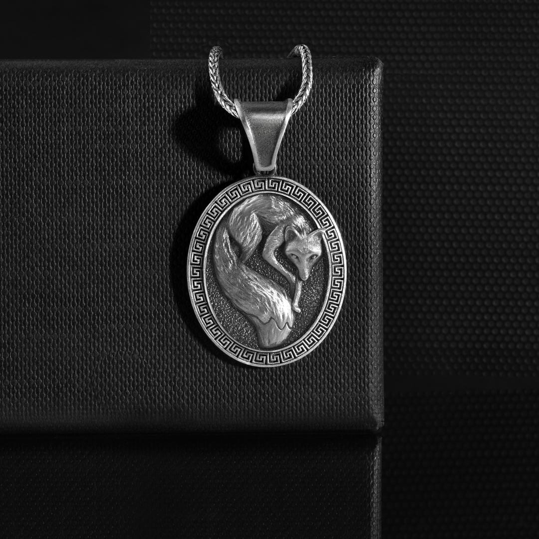 Japanese Fox Kitsune Silver Men Necklace, Sterling Silver Oval Animal ...
