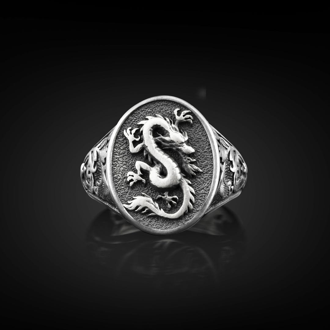 Chinese Dragon Oval Men Signet Silver Ring, Chinese Zodiac Rings for ...