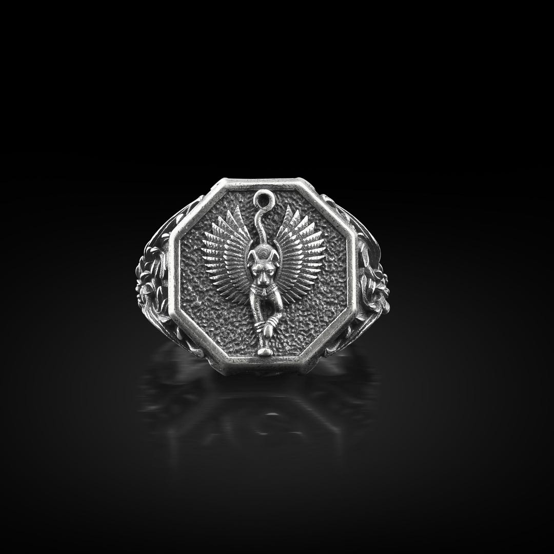 Bastet Egyptian Goddess Signet Silver Men Ring, Hieroglyphics Cat Ring ...