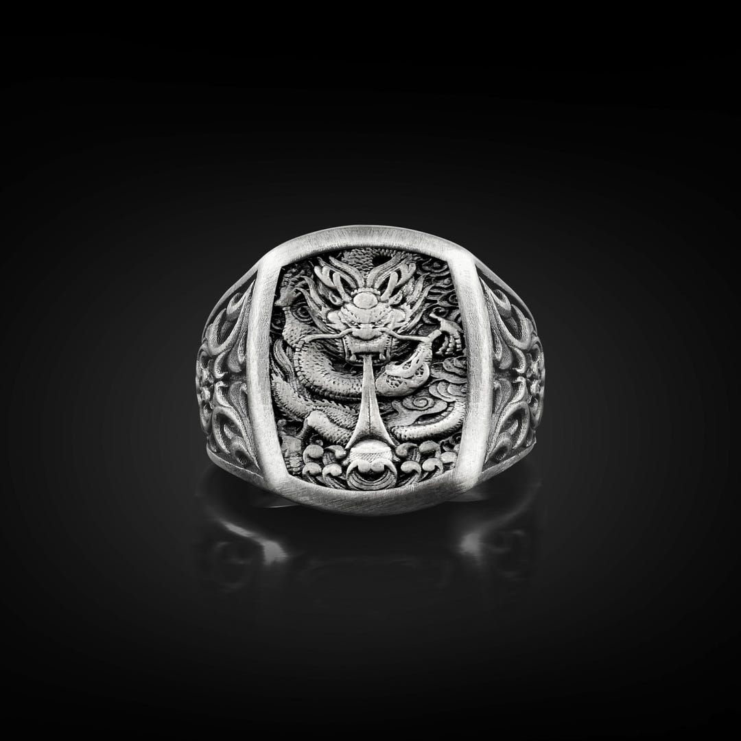 Chinese Dragon Fantasy Silver Signet Men Ring, Silver Dragon Square ...