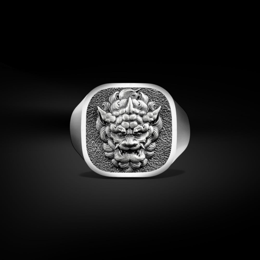 Chinese Foo Dog Polished 925K Silver Signet Ring for Men, Guardian Fu ...