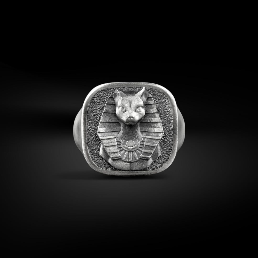 Sterling Silver Signet Bastet Ring for Men, Ancient Egyptian Mythology ...