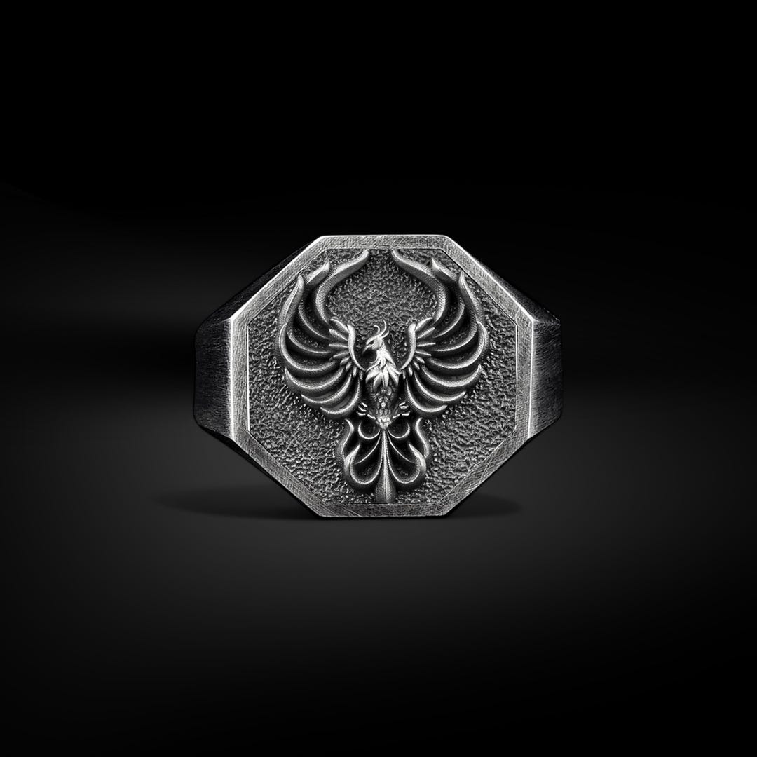 Phoenix Mythology Men Signet Ring in Polished Silver, Fire Bird ...