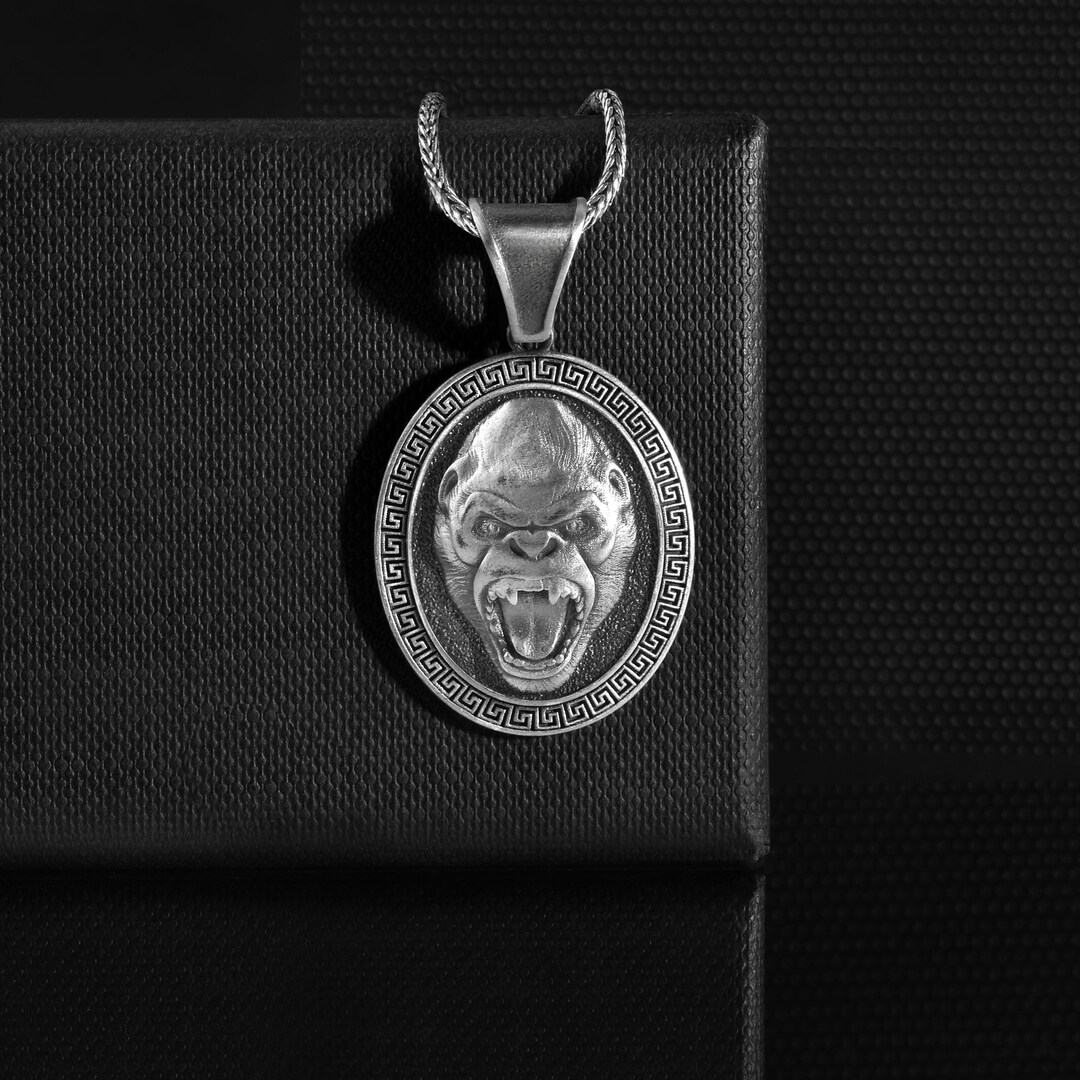 Handamde Roaring Angry Gorilla Silver Men Necklace, Engraved ...