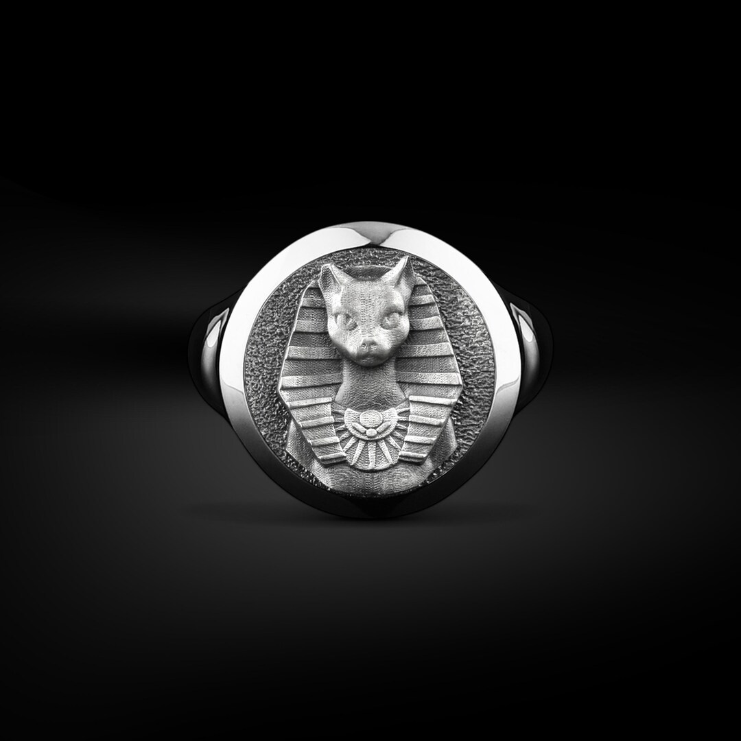 Modern Unique Bastet Signet Ring in Sterling Silver, Mythology Goddess ...
