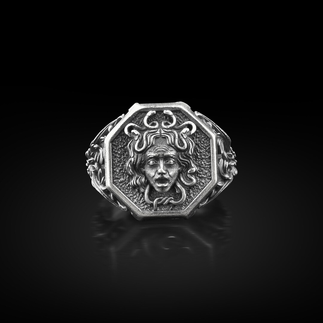 Gorgon Medusa Unique Signet Ring Men in Silver, Greek Mythology Goddess ...