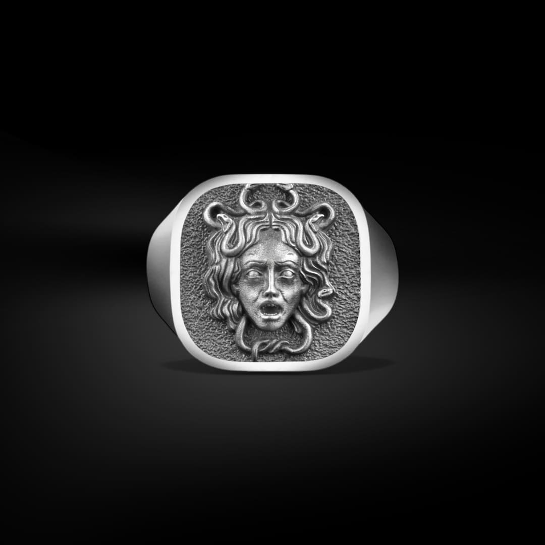 Polished Silver Men Signet Gorgon Medusa Ring, Handmade Engraved Greek ...