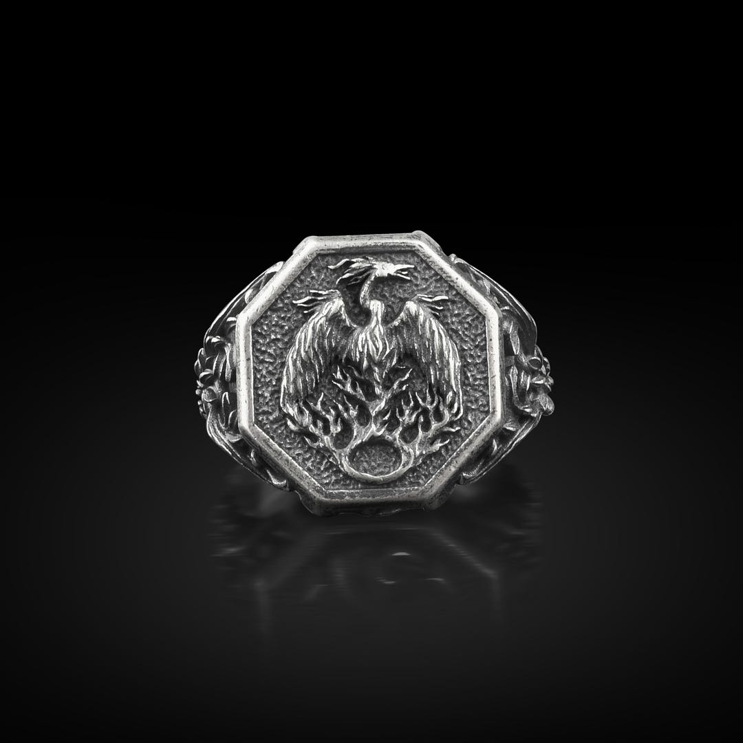 Phoenix Fire Bird Fantasy Signet Silver Men Ring, Engraved Mythology ...
