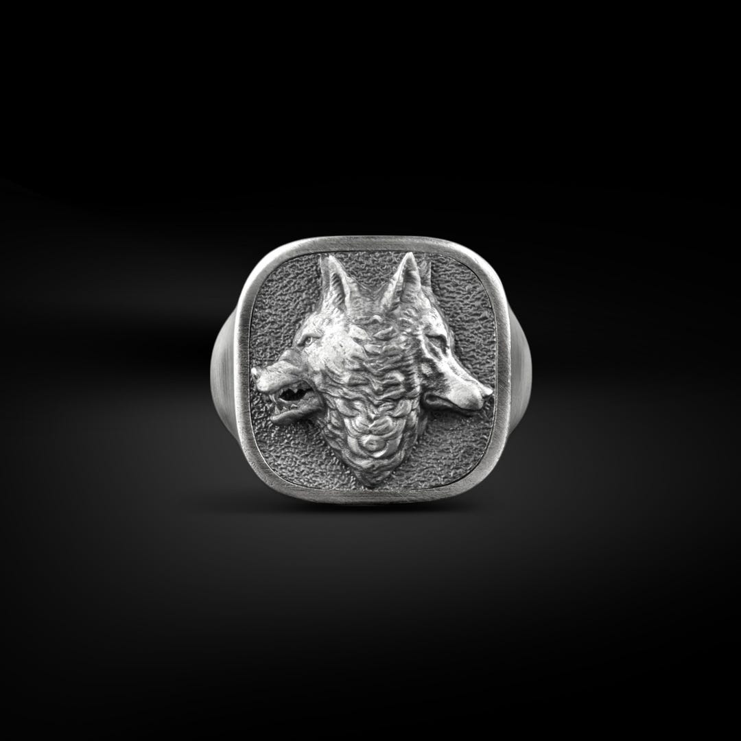 Double Wolf Head Sterling Signet Ring in Oxidized Silver, Nordic Fenrir ...