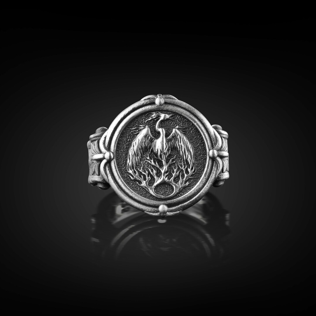 Phoenix Bird Engraved Signet Ring for Men, Sterling Silver Men ...