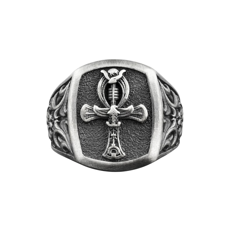 Egyptian Ankh Cross Engraved Silver Men Ring, Key of Life Signet Silver ...