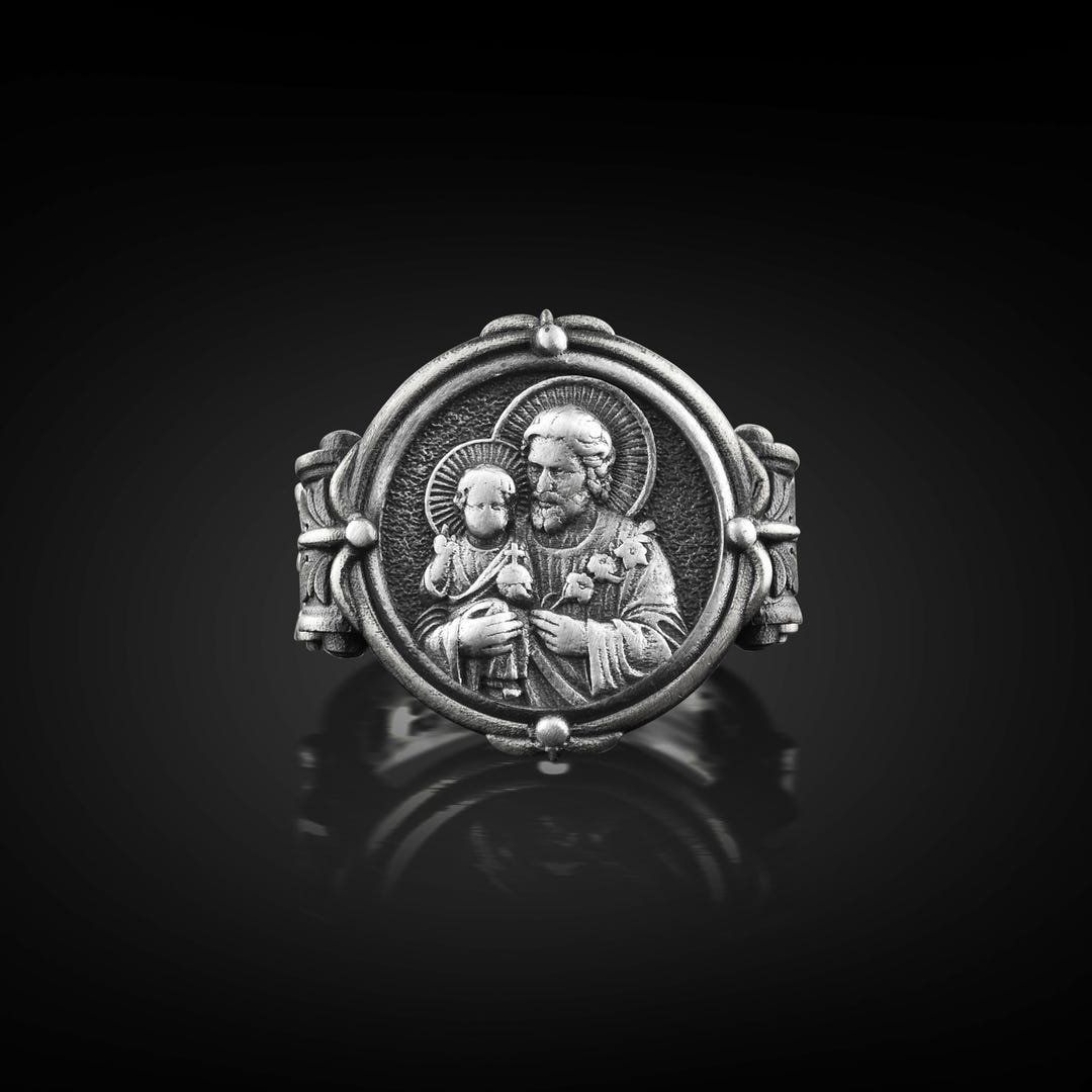 Saint Joseph and Jesus Signet Silver Men Ring, Sterling Silver St ...