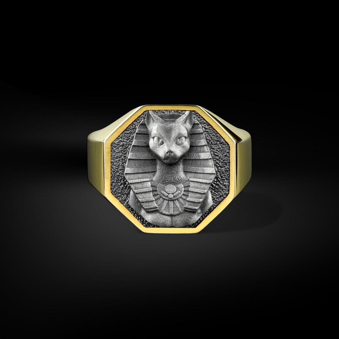 Bastet Sterling Silver Signet Men Ring in Gold Plated Silver, Ancient ...