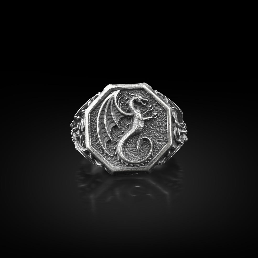 Winged Dragon Engraved Signet Men Ring in Silver, Minimalist Mens ...