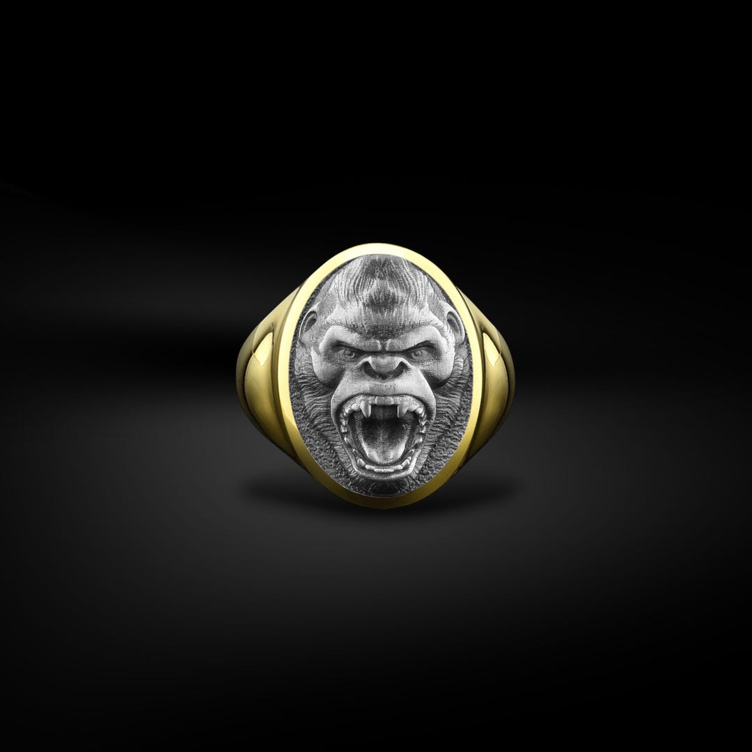 King Kong Silver Pinky Men Ring in Silver, Angry Ape Gorilla Gold ...