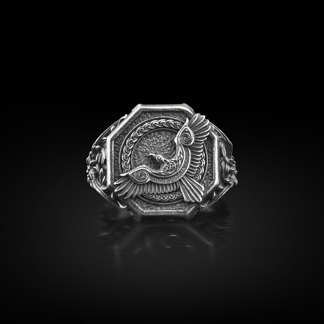 Silver Engraved Celtic Raven Mens Signet Ring, Viking Mythology Raven ...