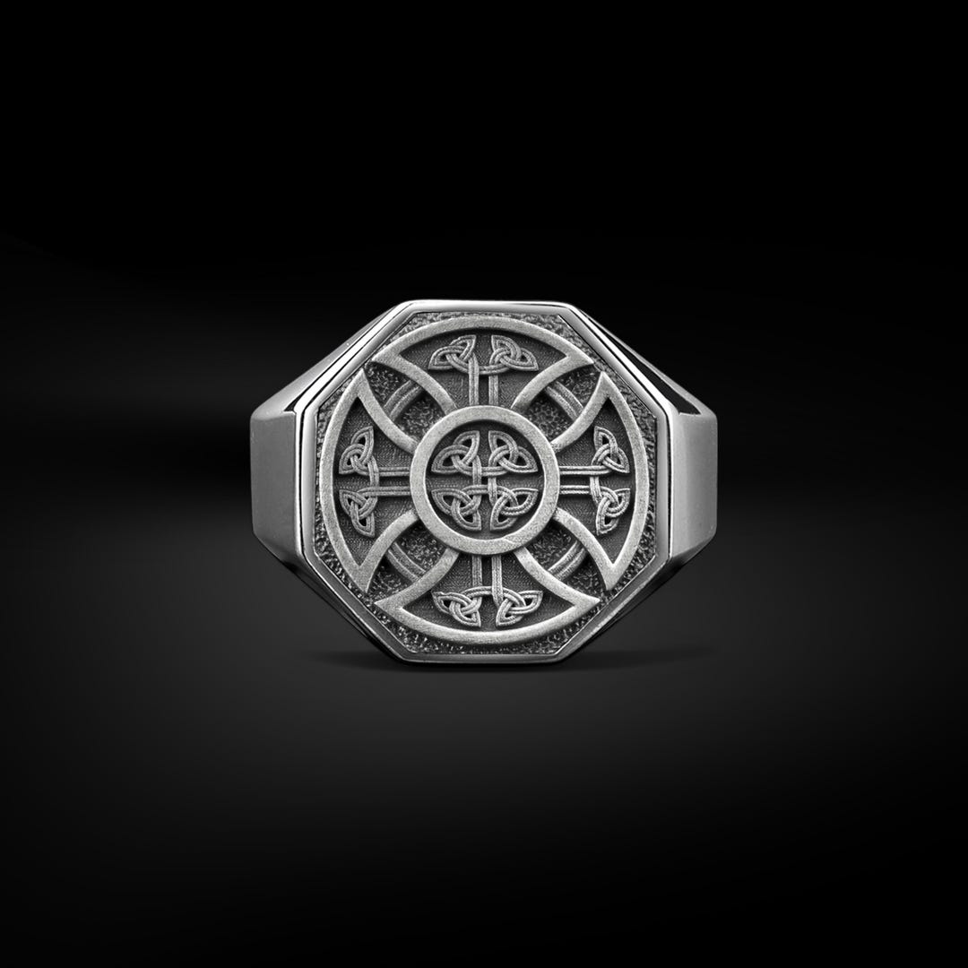 Sterling Silver Trinity Knot Cross Men Signet Ring, Triquetra Knot ...