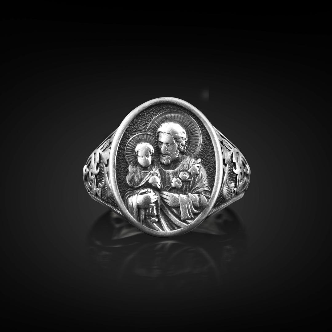 Handmade Saint Joseph Silver Ring for Men, Engraved Baby Jesus With St ...