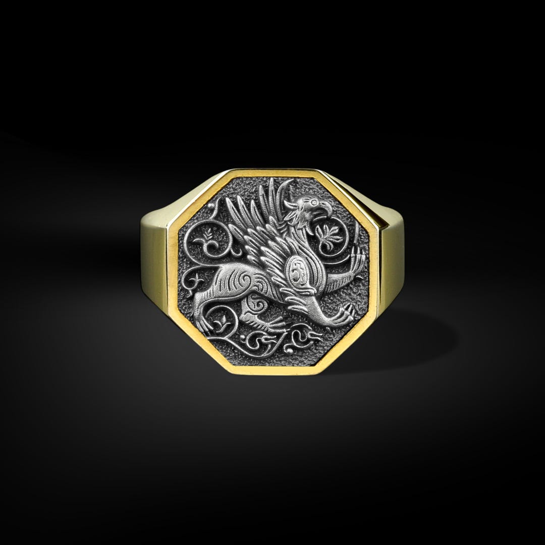 Silver Unique Griffin Signet Men Ring, Gryphon Engraved Mythology Ring ...