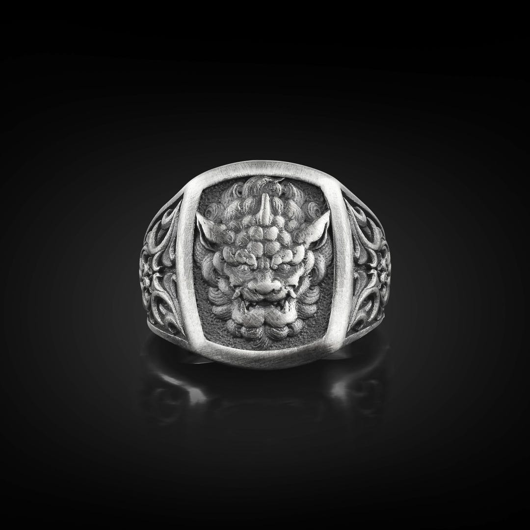 Chinese Foo Dog Silver Signet Men Ring, Guardian Fu Dog 925 Sterling ...