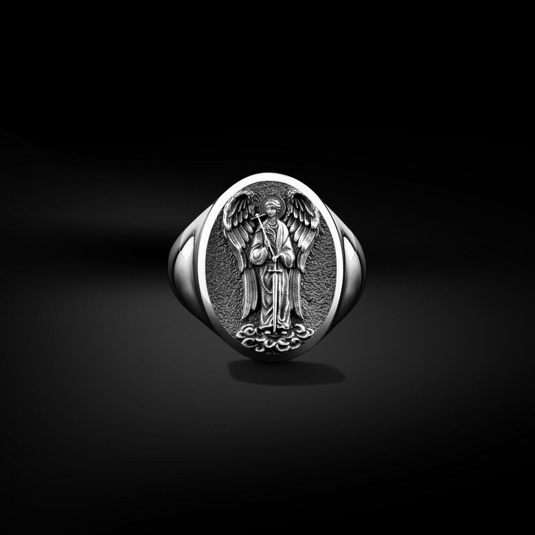 St Raphael the Archangel Silver Men Ring, Polished Silver Protection ...