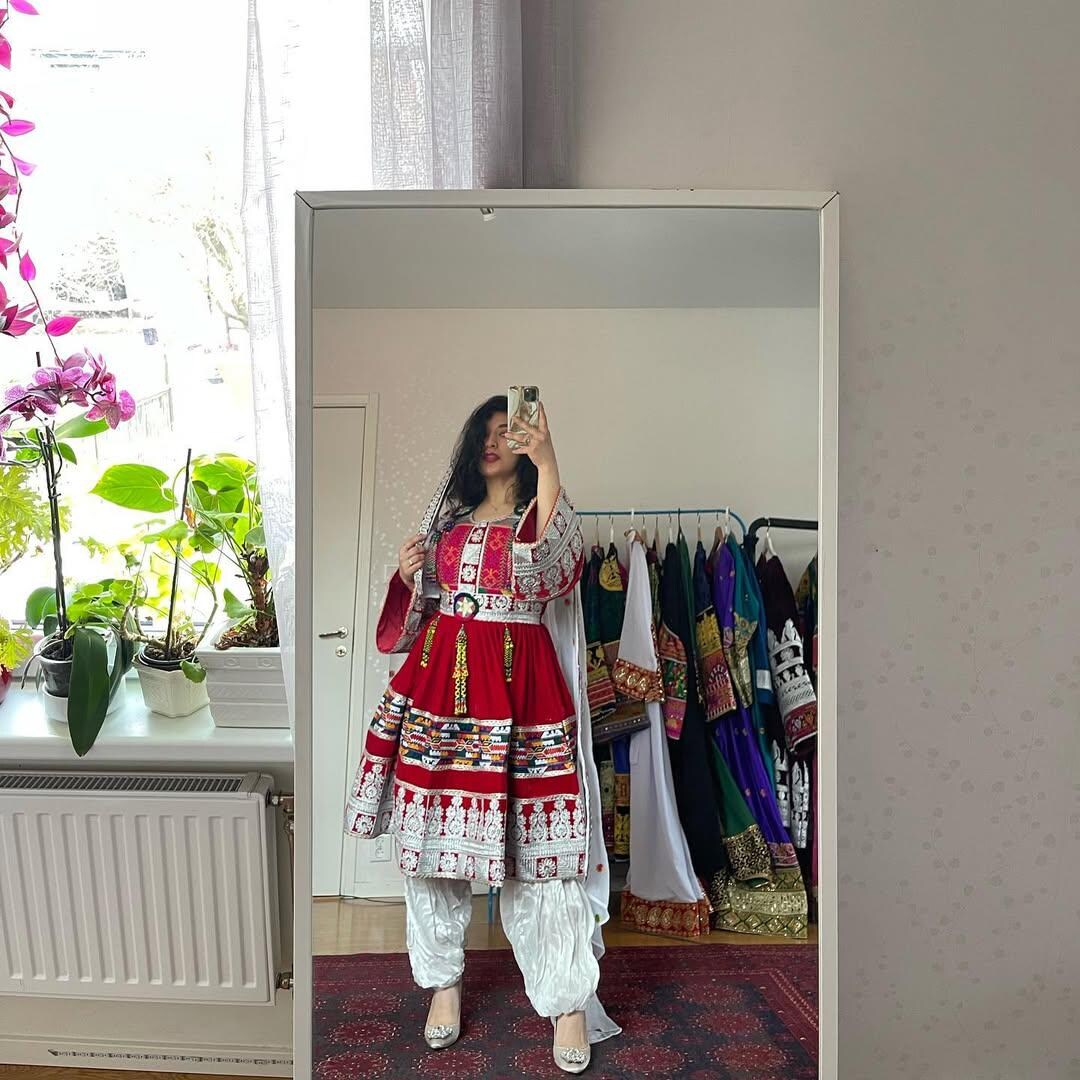 Red Traditional Afghan Dress – Short Style With White Embroidery and ...