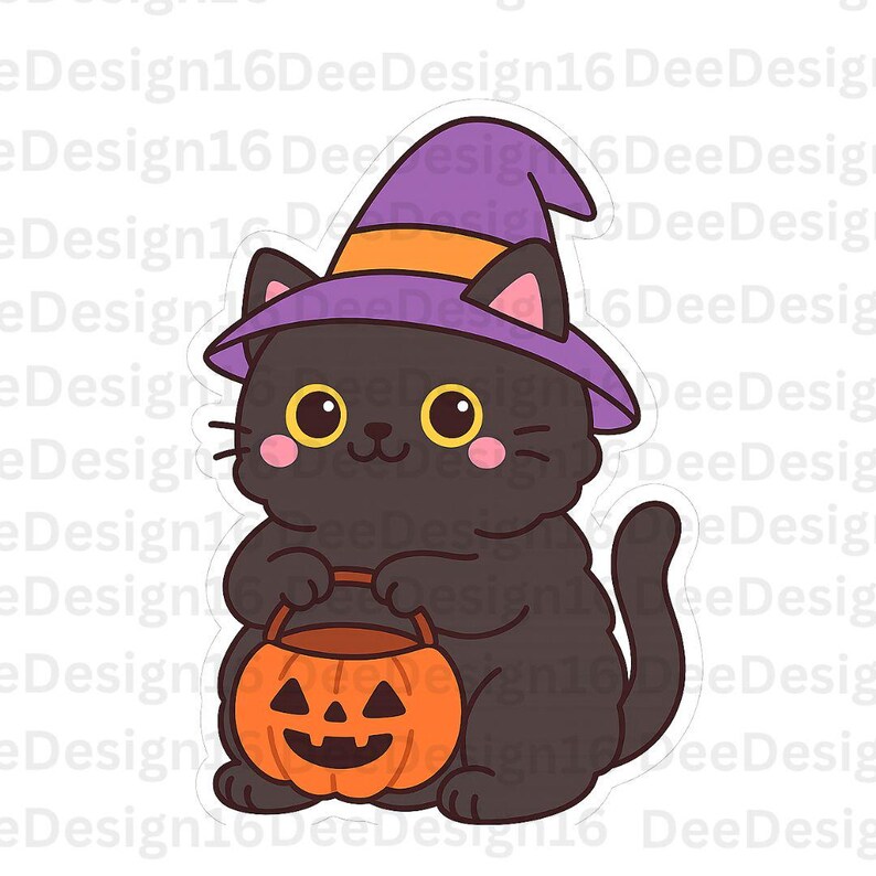 Halloween Black Cat PNG Bundle Cute Witch Cat Stickers, Kawaii Kitty ...