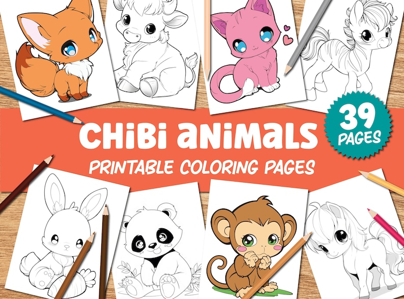 Cute Anime Animals Coloring Book: Printable Kids Coloring Pages, Super ...