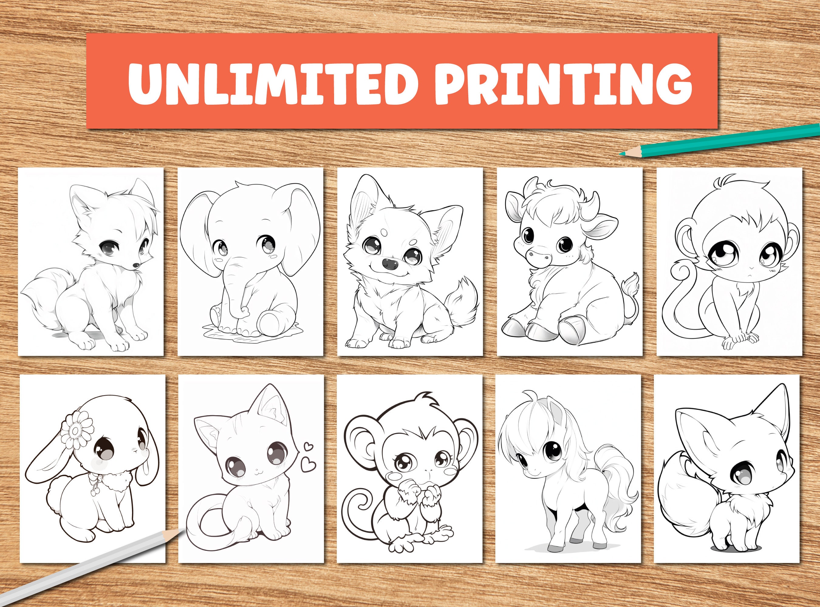 Cute Anime Animals Coloring Book: Printable Kids Coloring Pages, Super ...