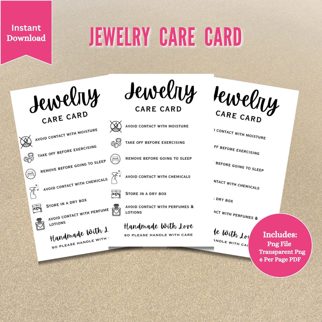 Jewelry Care Instructions Card, Printable Jewelry Care Guide Inserts ...