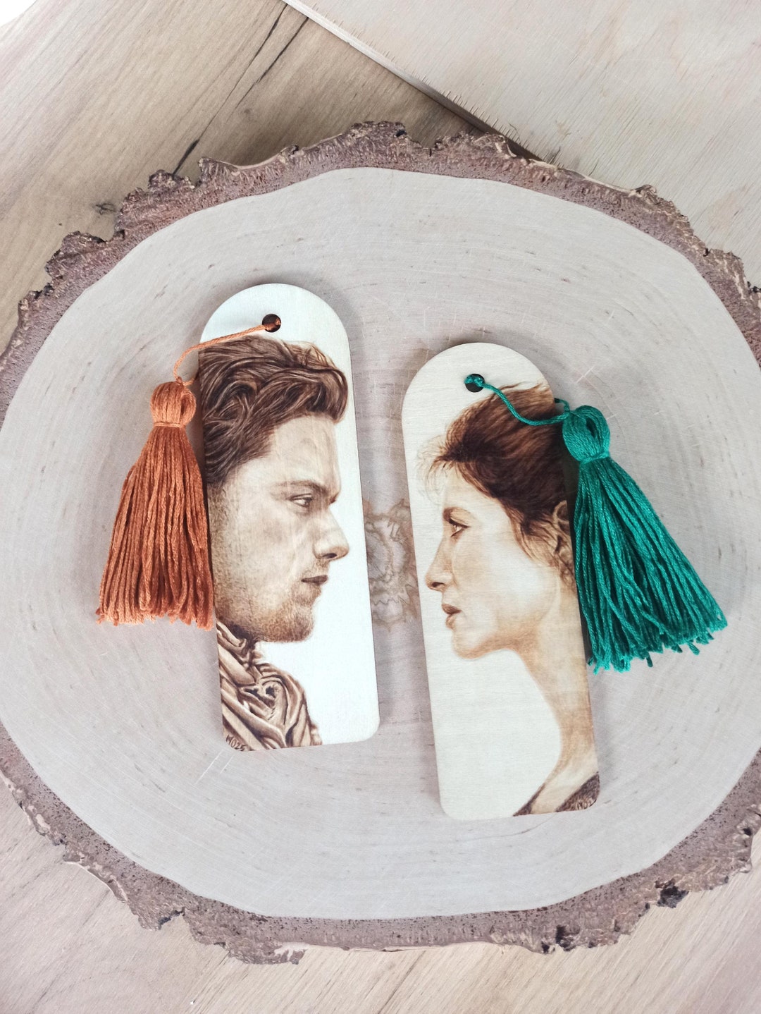 Outlander Bookmarks "jamie and Claire" With Tassel, Wooden, Woodburning ...