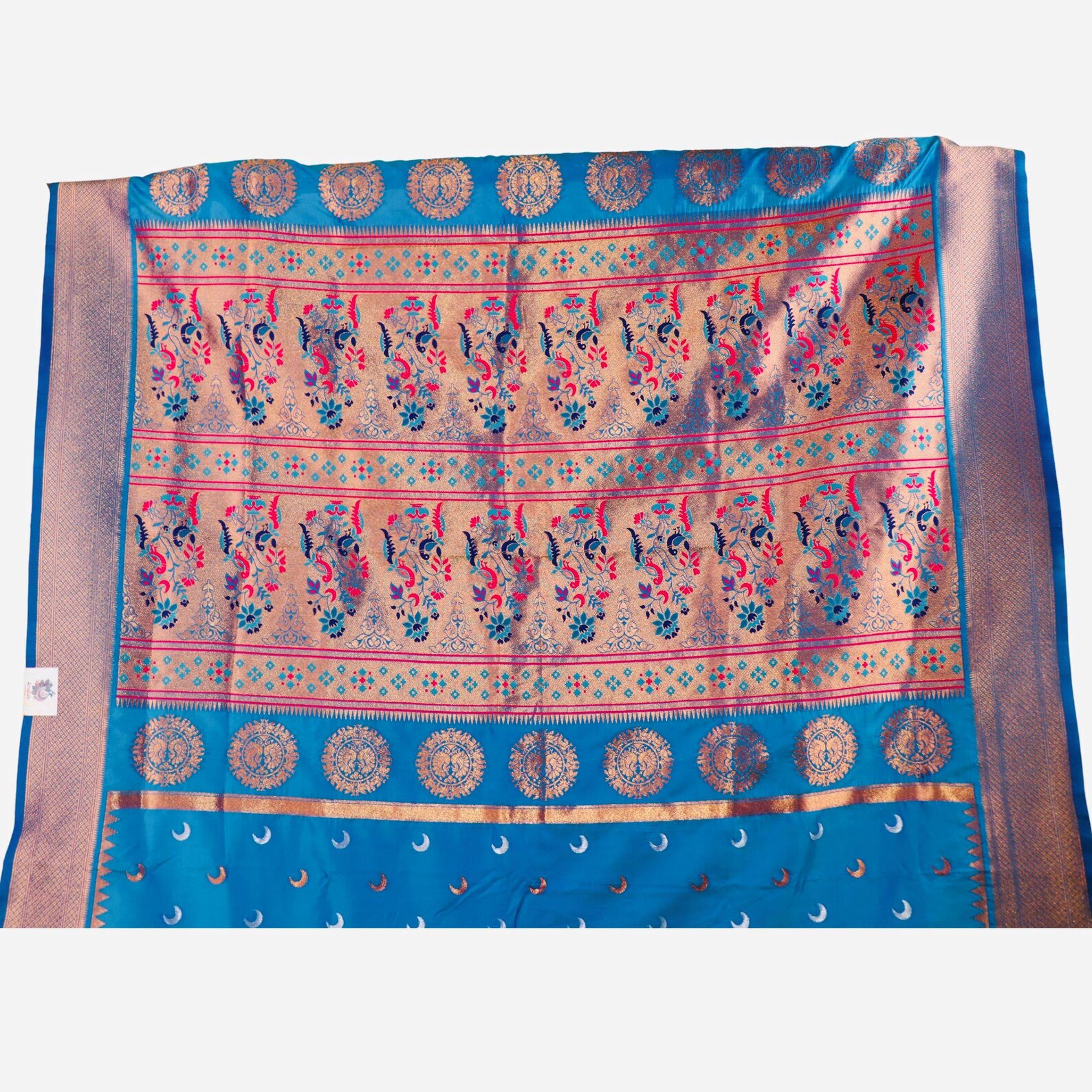 Peacock Blue Color Chandrakor Semi Paithani Saree With Copper Zari ...
