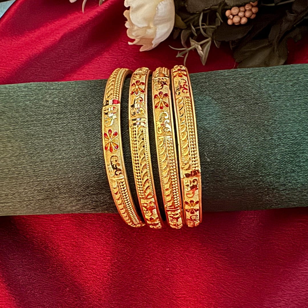 Gold Tone Red Enamel Floral Bangles Set, Traditional Indian Festival ...