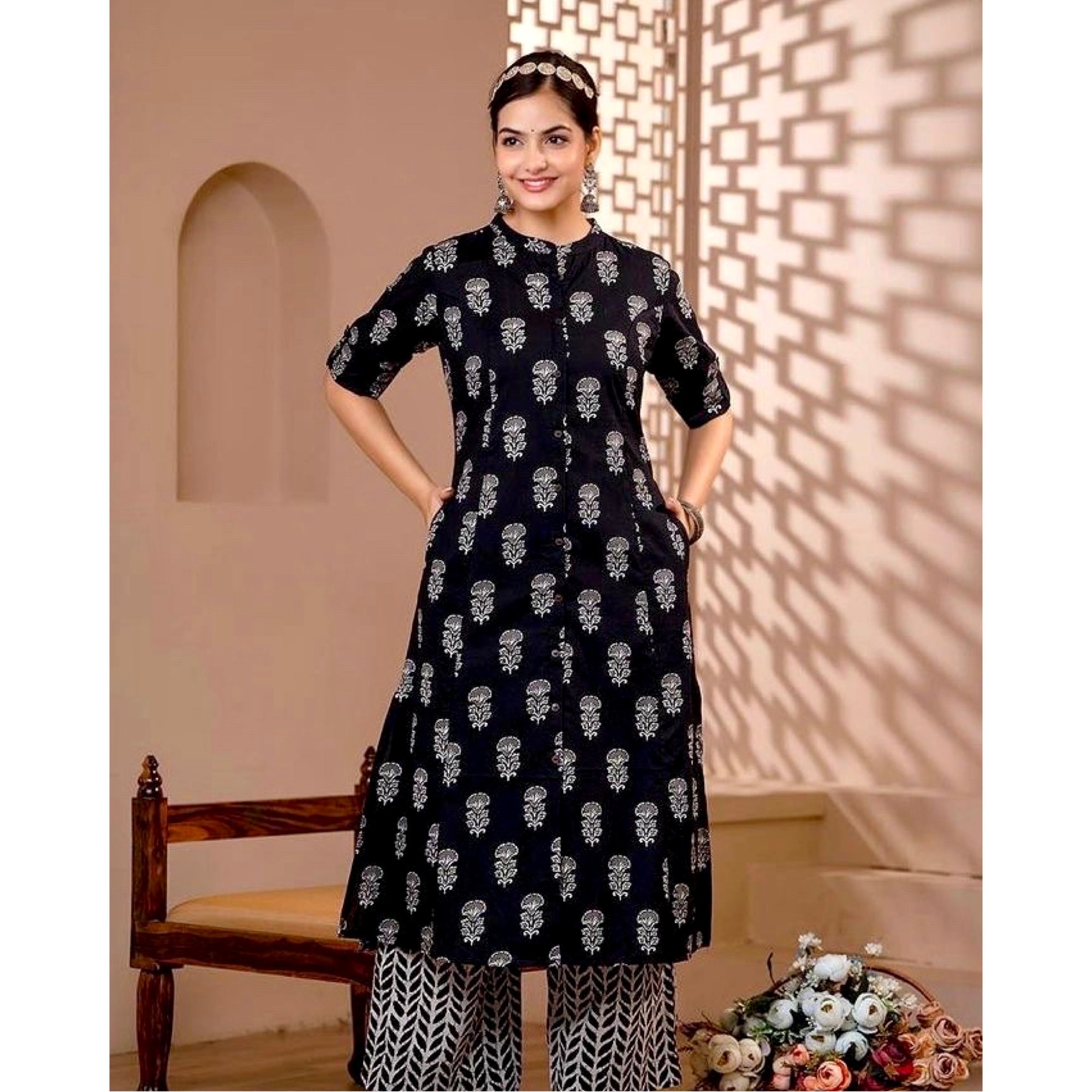 Jaipuri Azrak Print Black Color Aline Kurti With Ankle Length Pant , Co ...