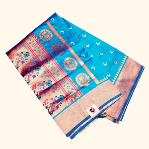 Peacock Blue Color Chandrakor Semi Paithani Saree With Copper Zari ...