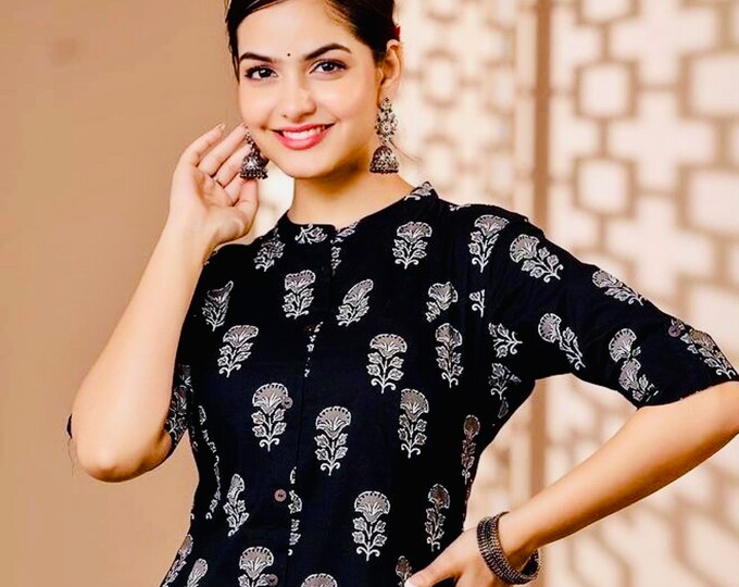 Jaipuri Azrak Print Black Color Aline Kurti With Ankle Length Pant , Co ...